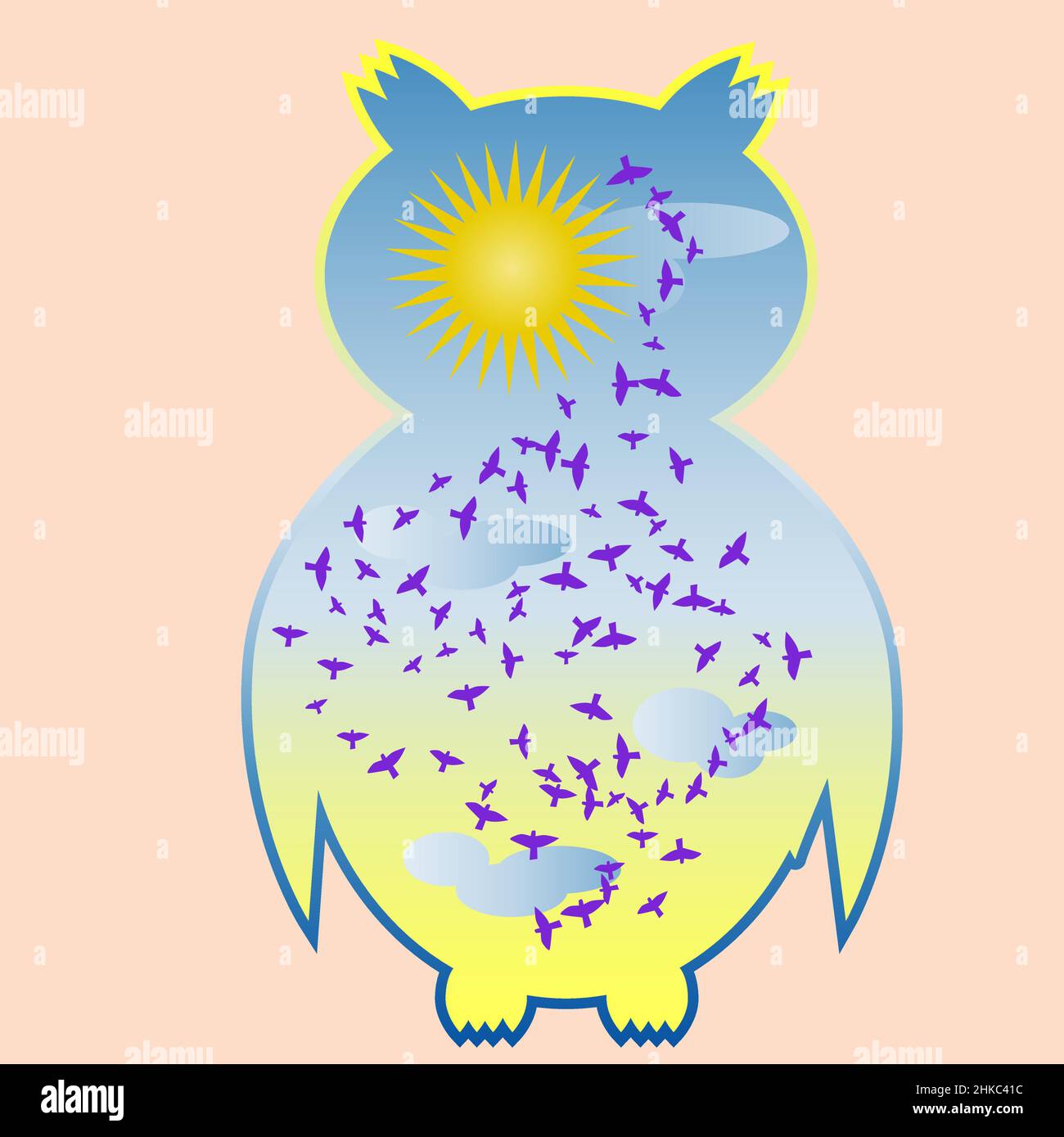 Owl-day. Owl painted in the colors of the day sky with clouds, sun ...