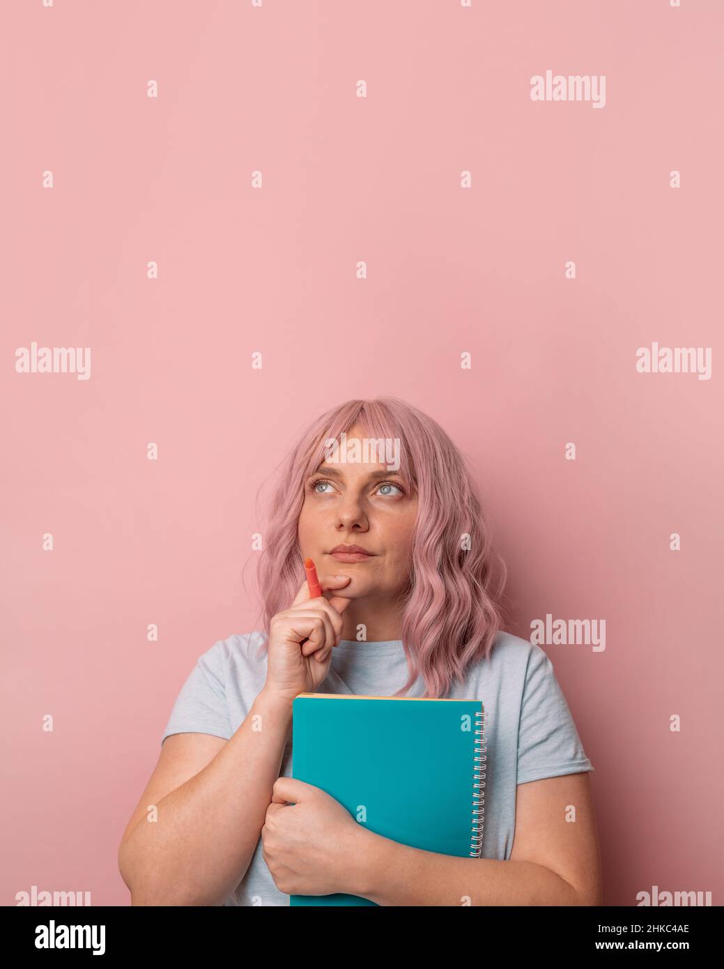 Portrait of attractive focused concentrated woman, thinking, dreaming ...