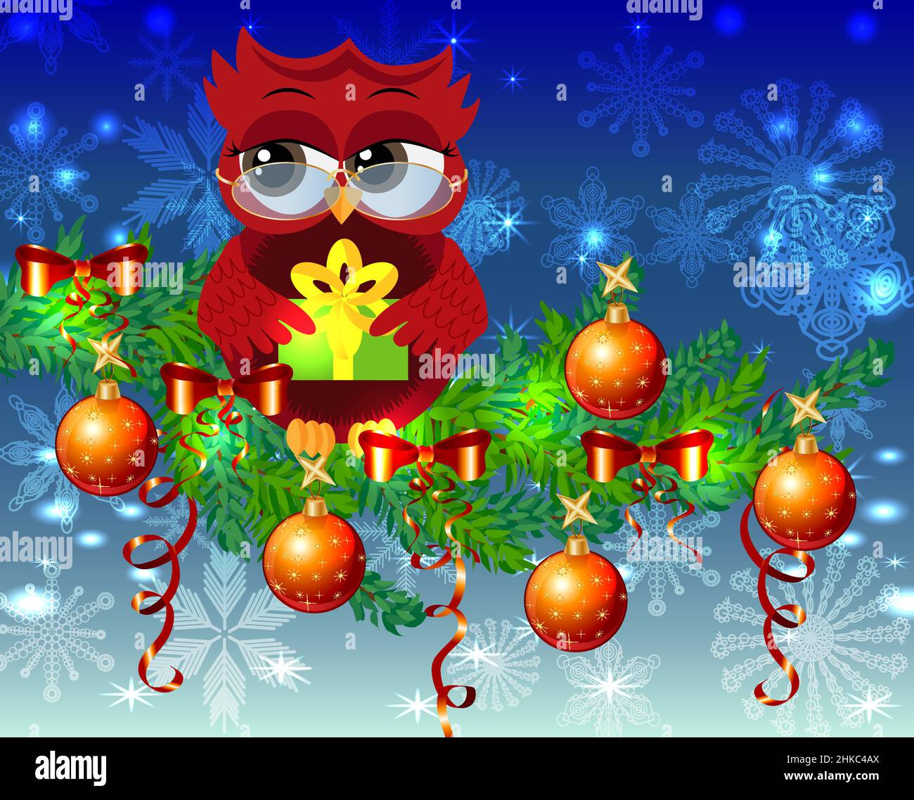 A sweet cartoon-like coquettish red owl with a Christmas present sits ...