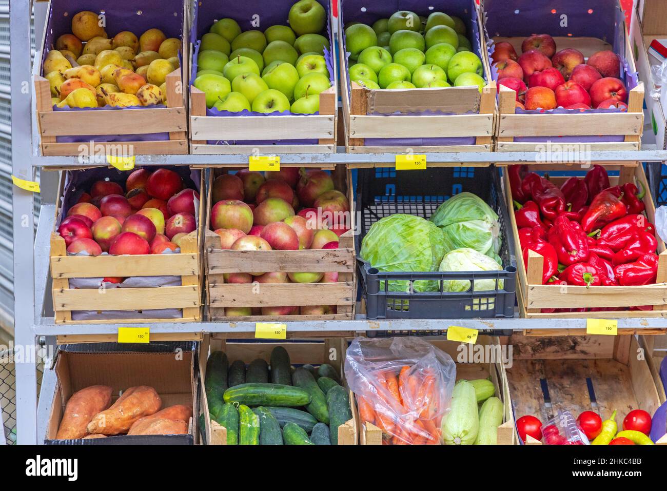 Fresh Fruits and Vegetables Produce in Crates at Shelf Rack Stock Photo ...