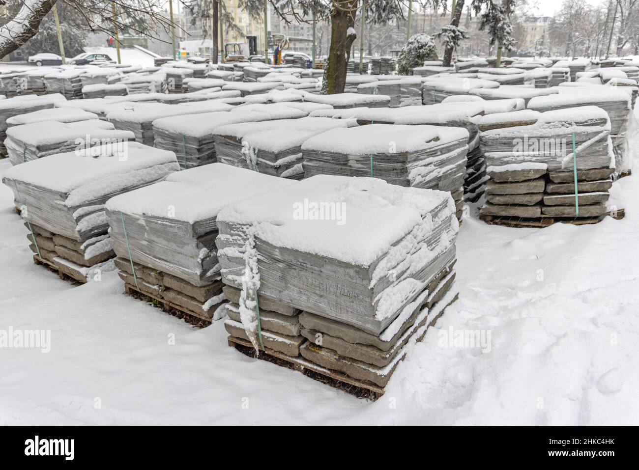 Pallets With Pavement Tiles Under Snow Cover Construction Site at ...