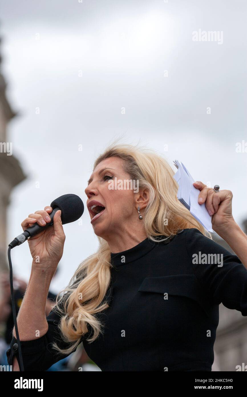 Kay Allison "Kate" Shemirani addressing a crowd of protesters at a ...