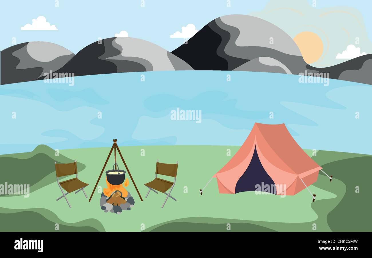 Camping tent next to lake and mountains.Cartoon tourist camp with a ...