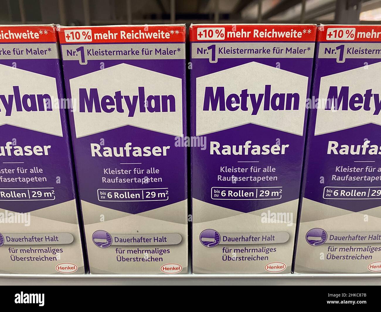 Rheinbach, Germany 17 March 2021, Several packages of Metylan woodchip ...