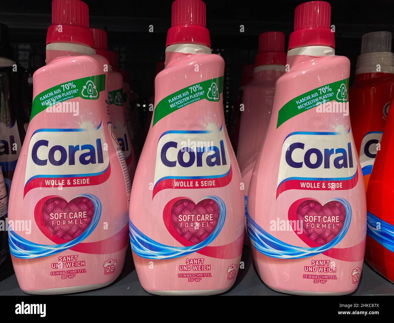 Rheinbach, Germany 16 March 2021, Several plastic bottles of "Coral ...