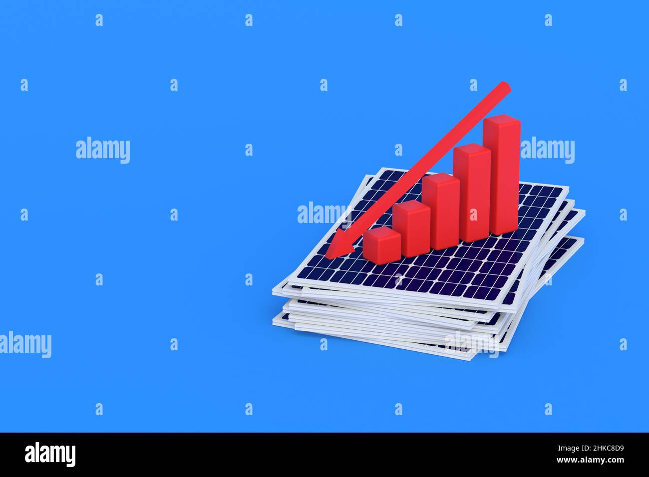 Heap of solar panels near graph. Negative growth dynamics, construction ...