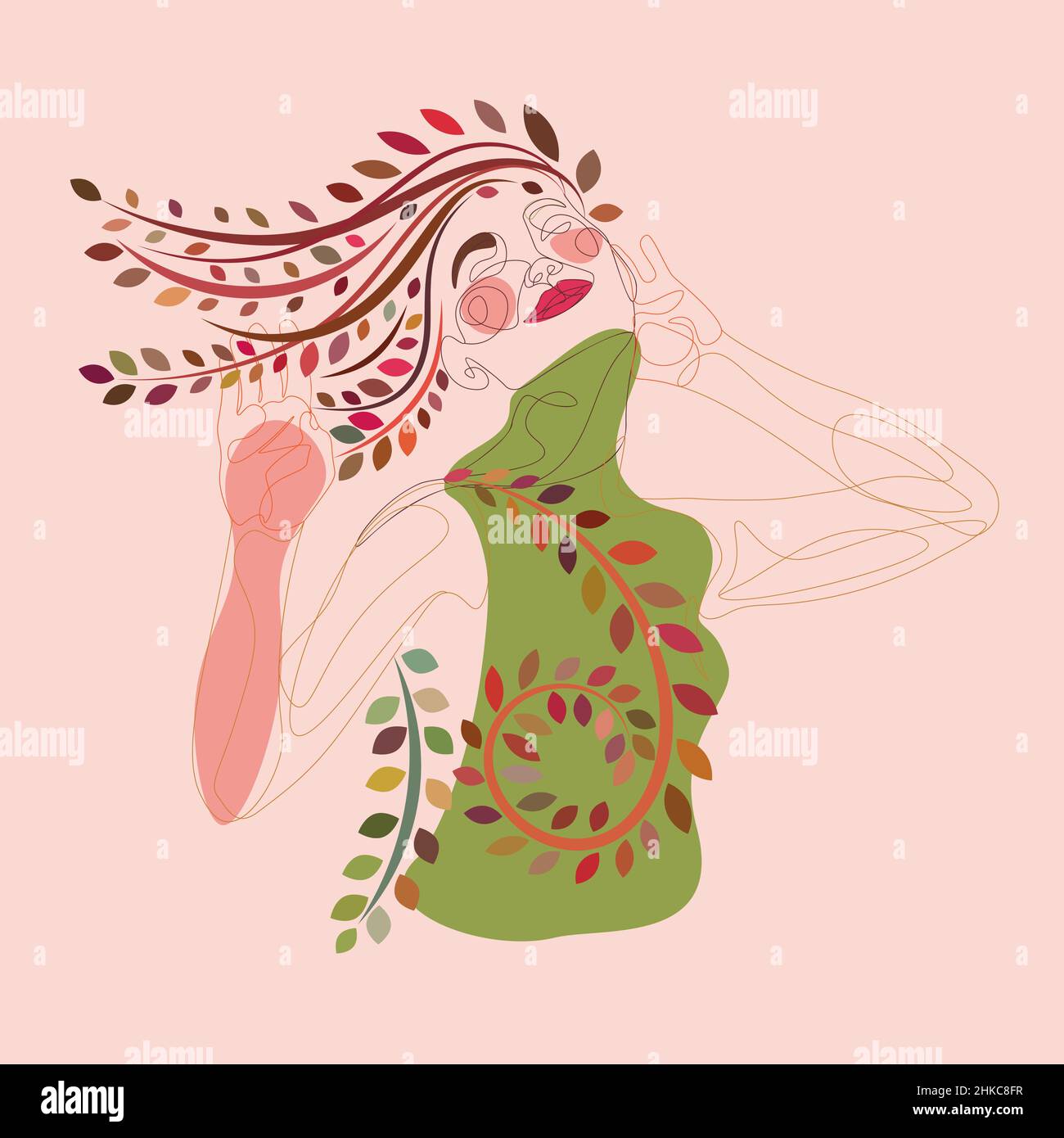 Abstract colorful line art portrait of a woman smiles with closed eyes ...