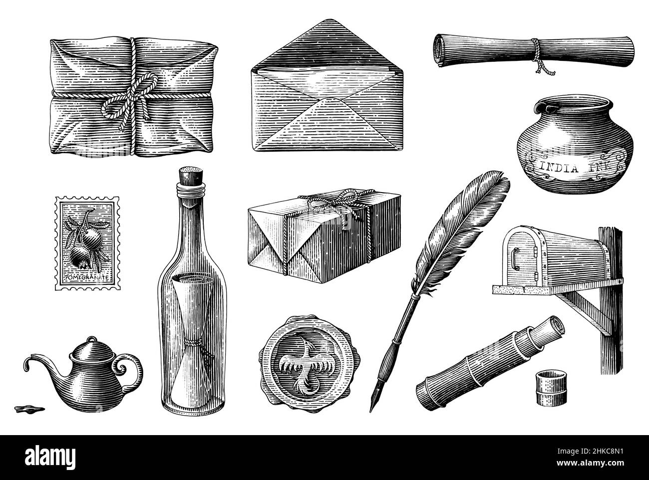 Vintage mail hand draw engraving style black and white clipart Stock ...