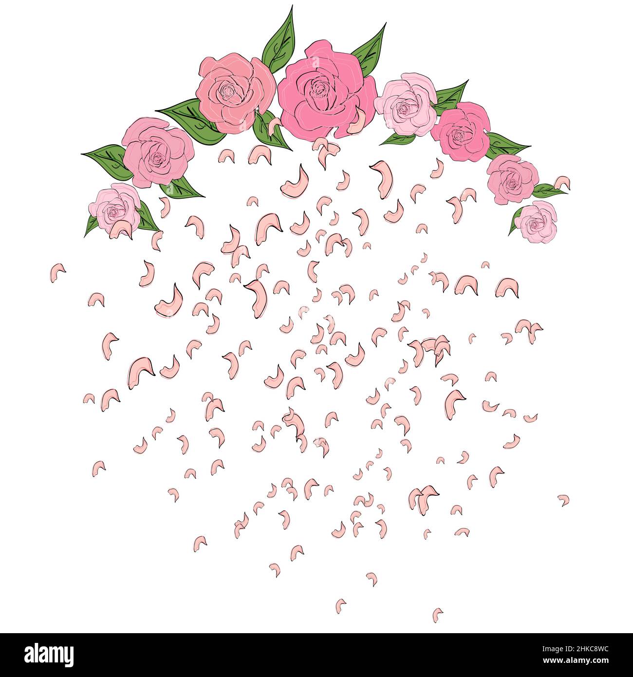Rose petals falling, flying from a semicircular arch of roses with ...