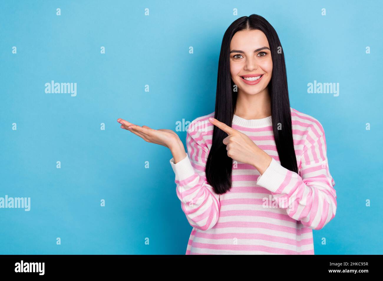 Photo of young girl indicate finger promo ad decide recommend ...