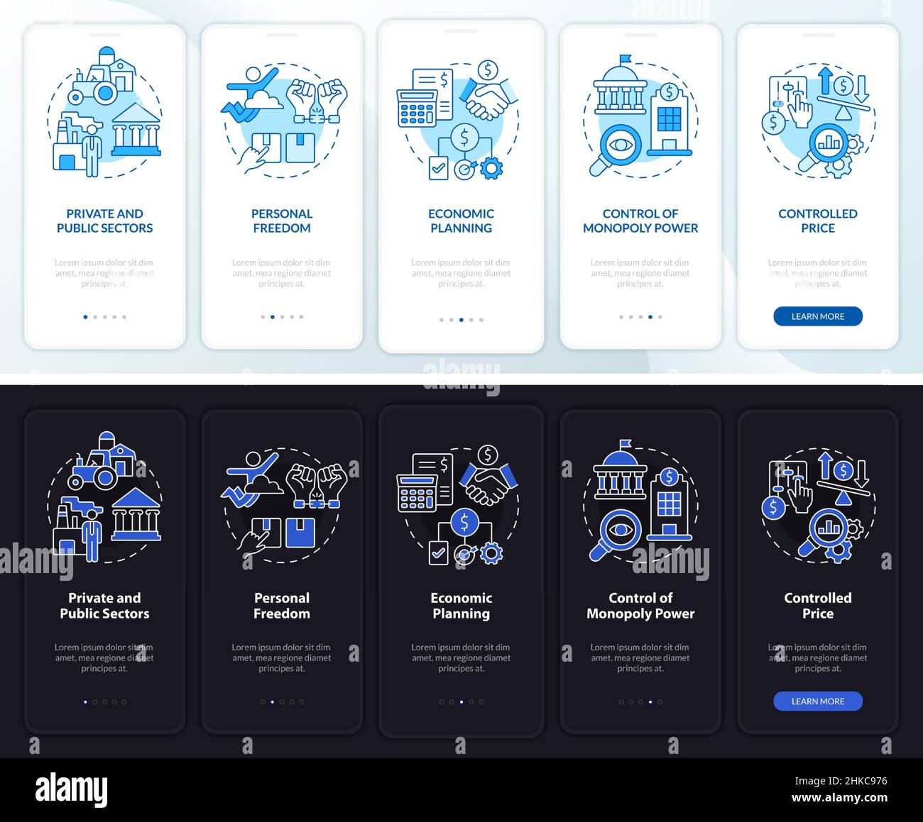 Mixed economy features night and day mode onboarding mobile app screen ...