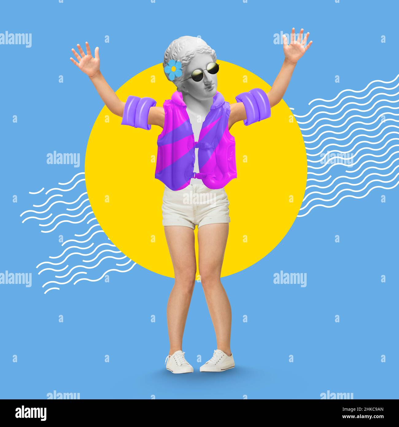 Contemporary art collage, modern design. Young girl with head of ...