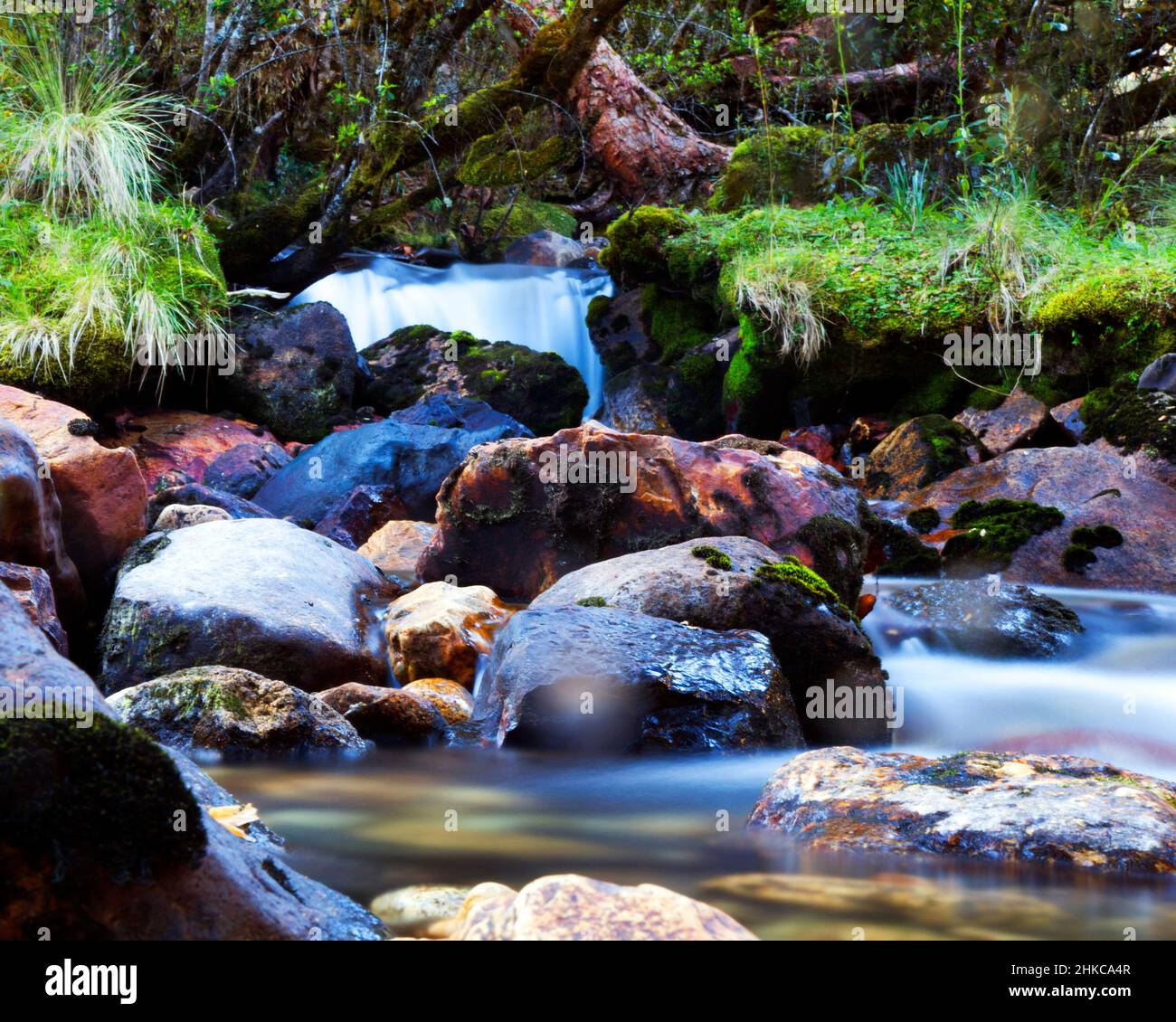 Slow-motion time-lapse of blurry running water landscape river and ...