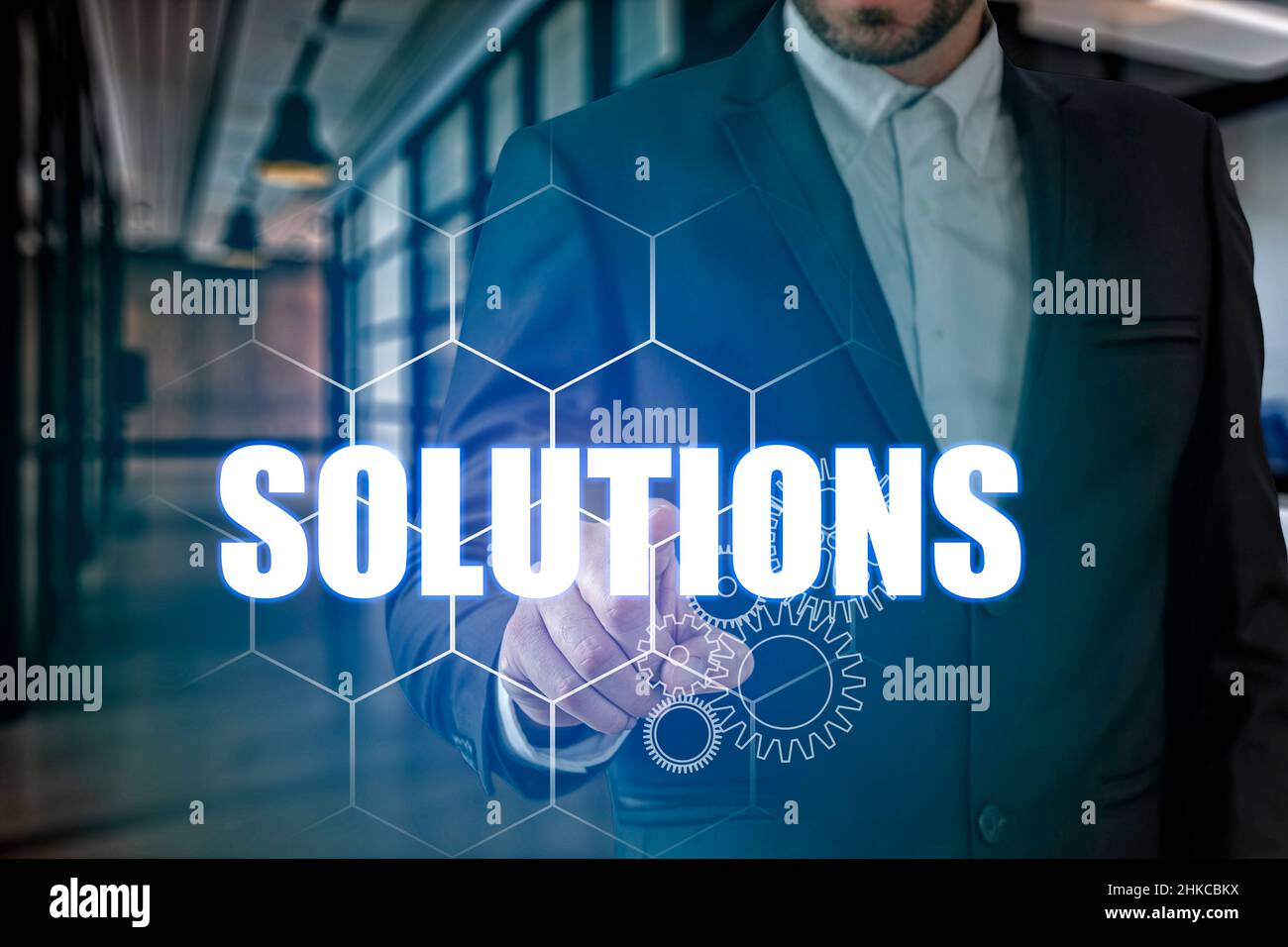 Businessman hand touching SOLUTIONS point, network connection Stock ...