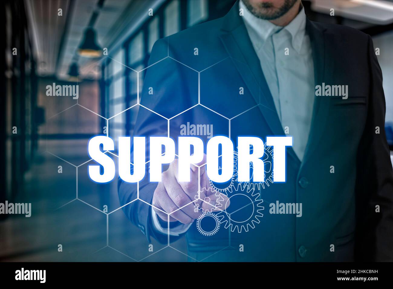 Businessman hand touching SUPPORT point, network connection Stock Photo ...