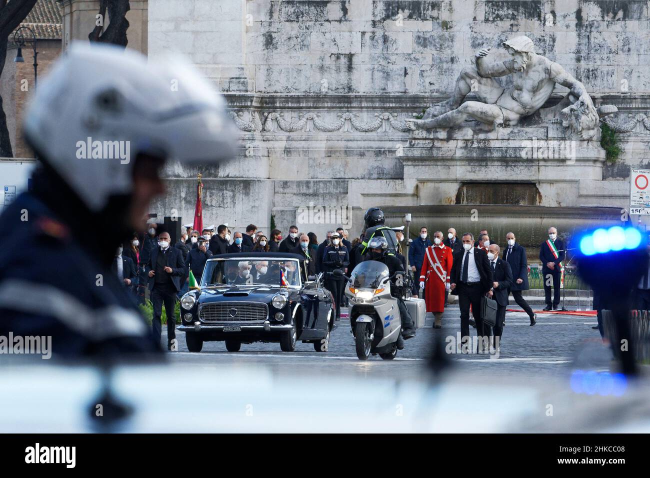 Italy's newly re-elected President Sergio Mattarella's car is escorted ...