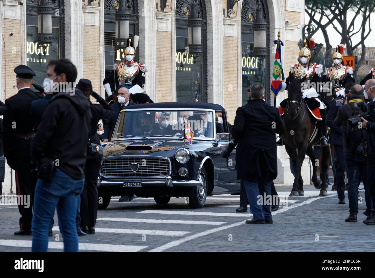 Italy's newly re-elected President Sergio Mattarella's car is escorted ...
