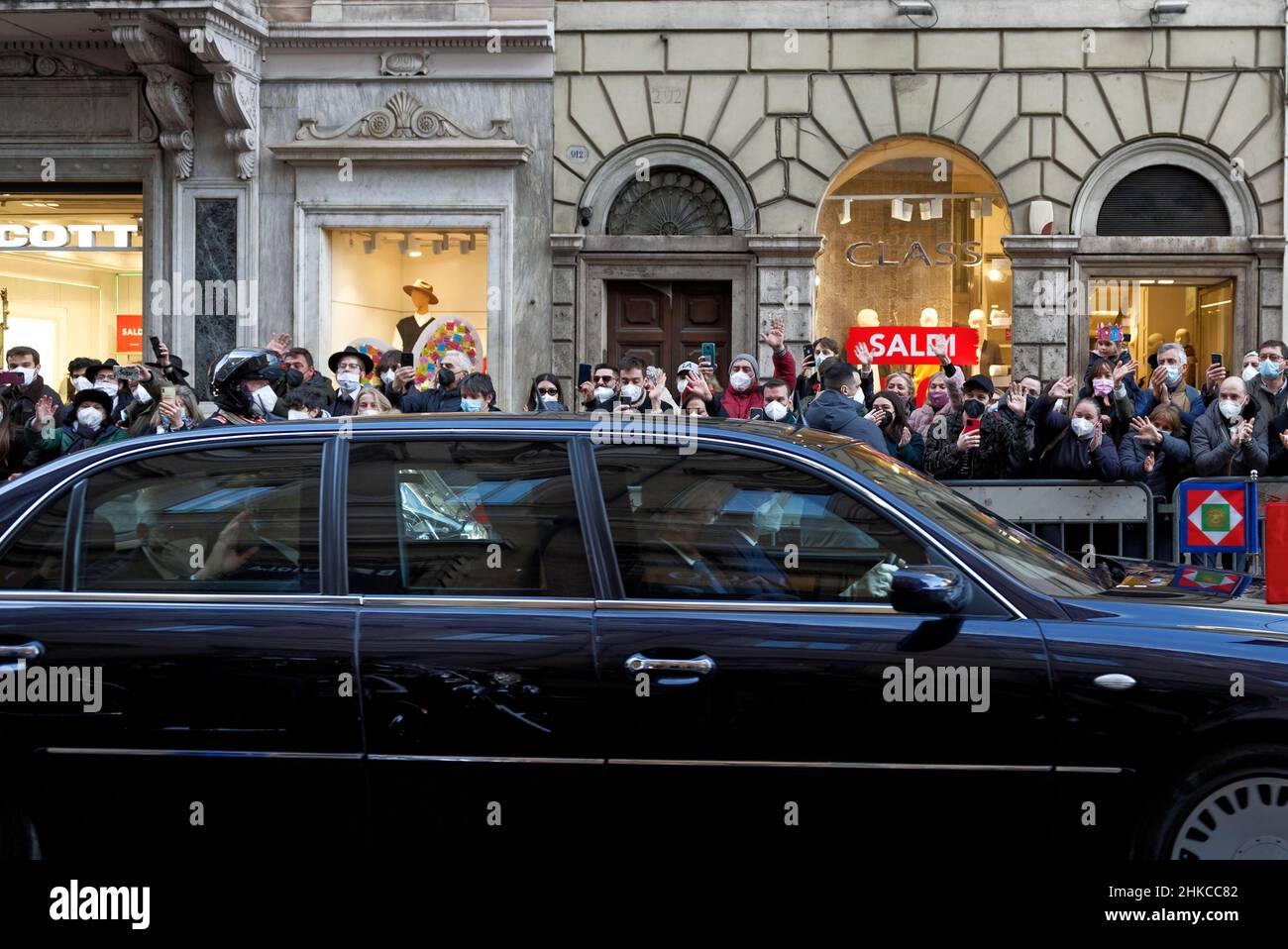 Italy's newly re-elected President Sergio Mattarella's car is escorted ...