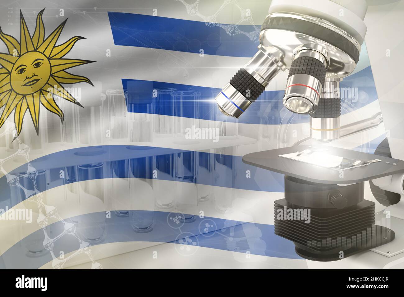 Uruguay science development digital background - microscope on flag ...