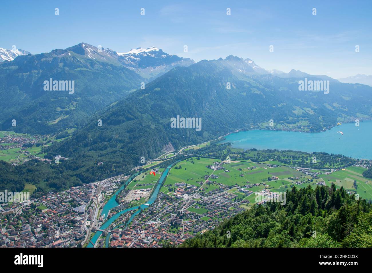 Amazing aerial city and nature view from top of Interlaken, Harder Kulm ...