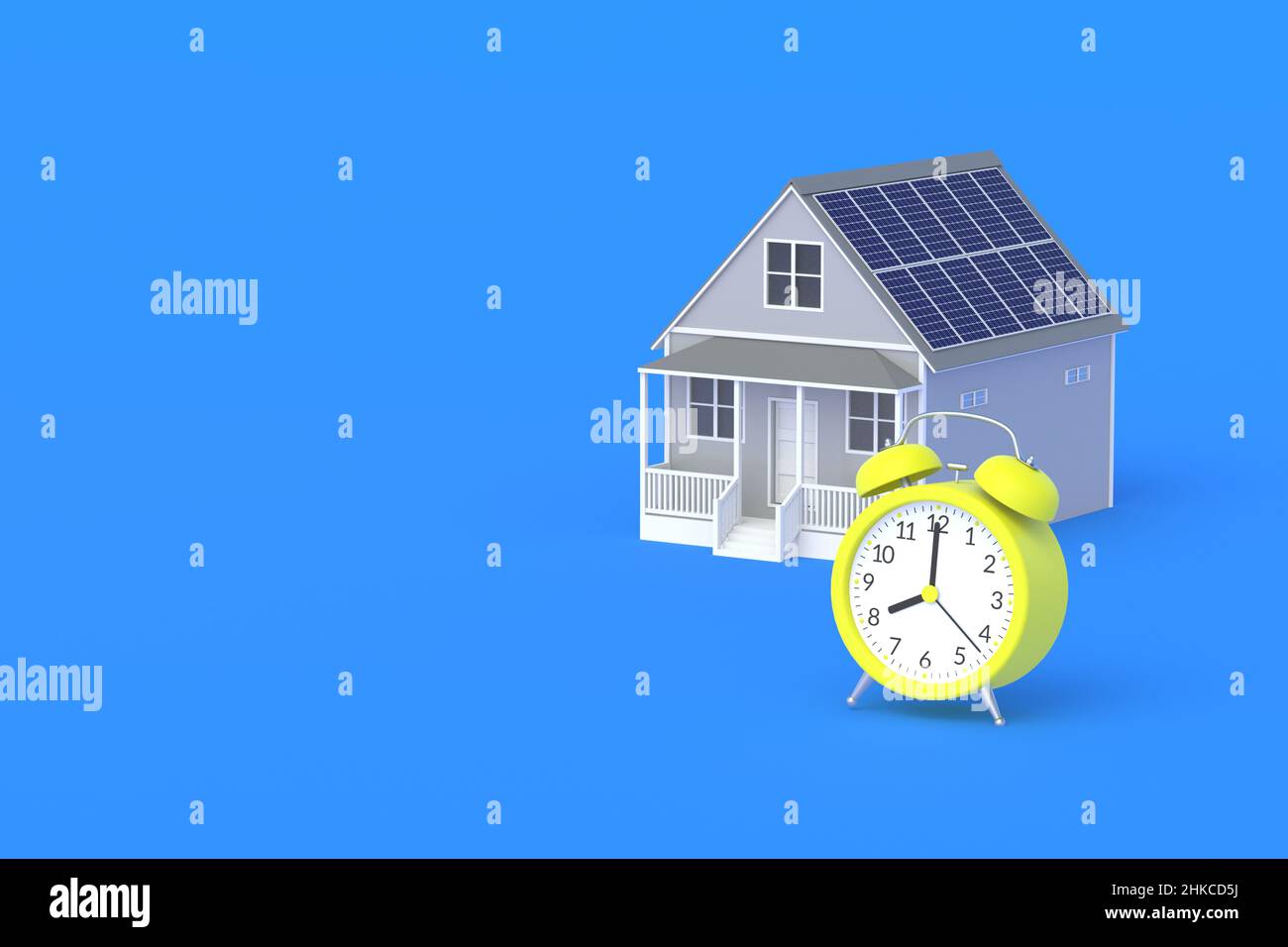 House with solar panels on roof near alarm clock on blue background ...