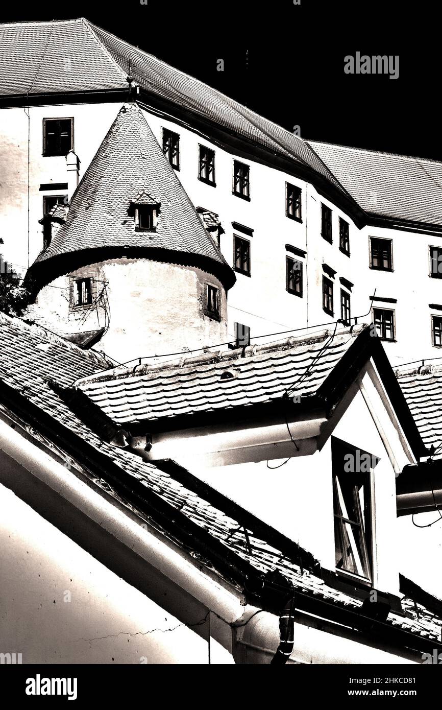 Ancient multi-level noble building with different roofs with geometric ...