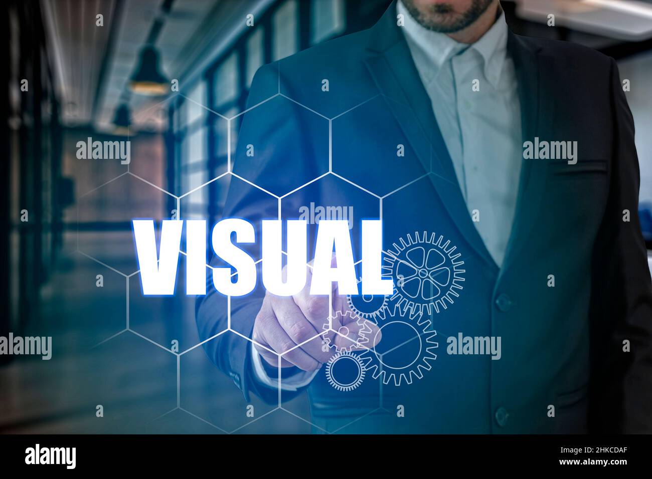 Businessman hand touching VISUAL point, network connection Stock Photo ...