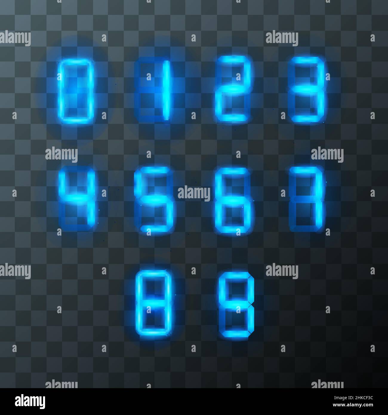 Blue led vintage digital numbers, retro tehnic letters on transparent ...