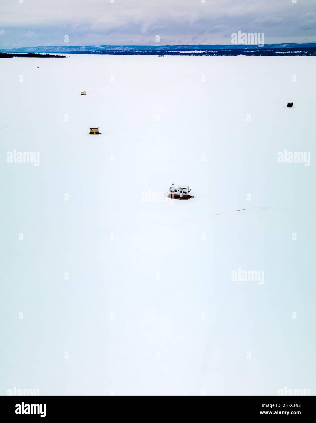 Ice Fishing huts on a snow covered river Stock Photo - Alamy
