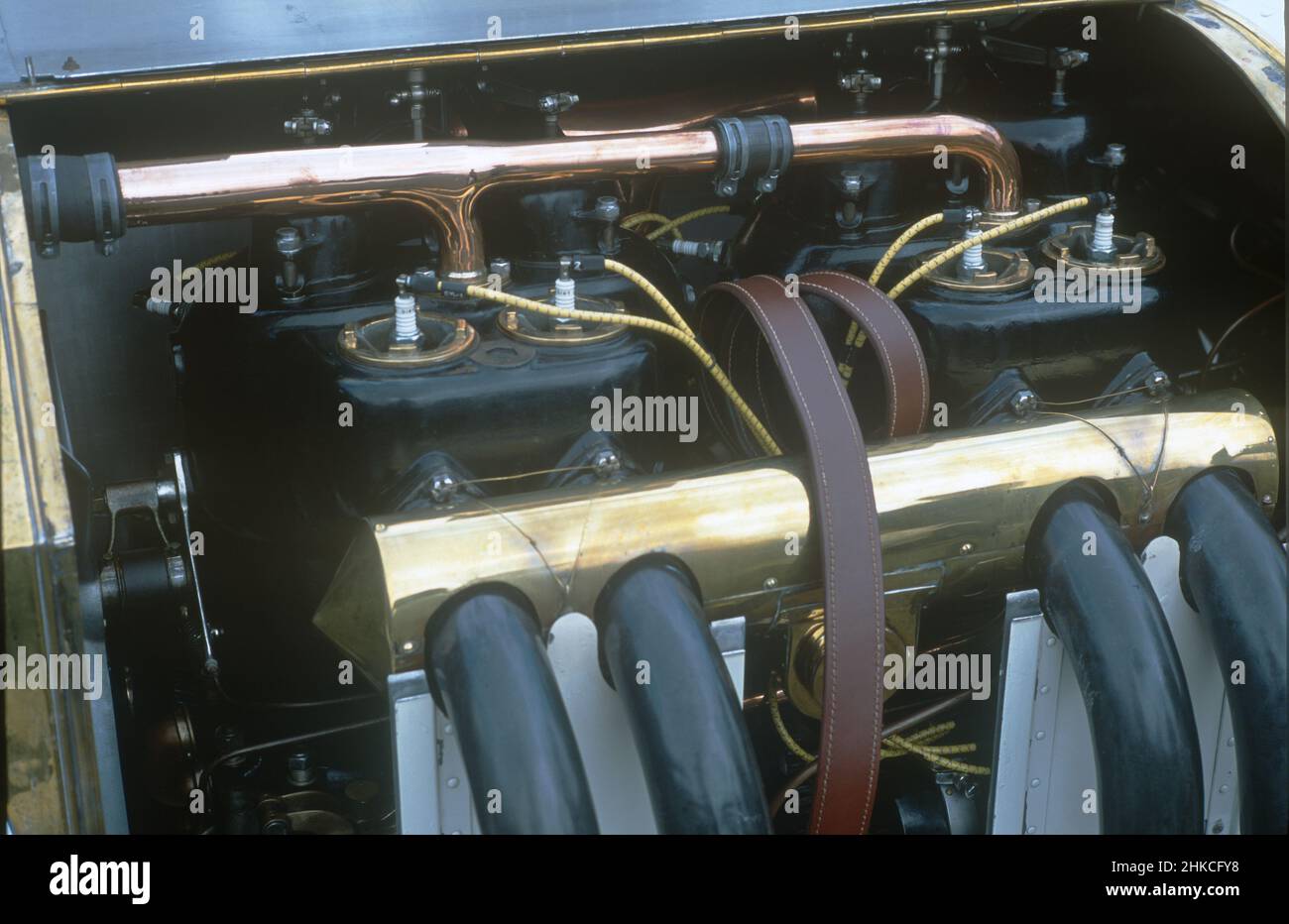 The four-cylinder engine of the 1908 Mercedes Grand Prix car, on ...