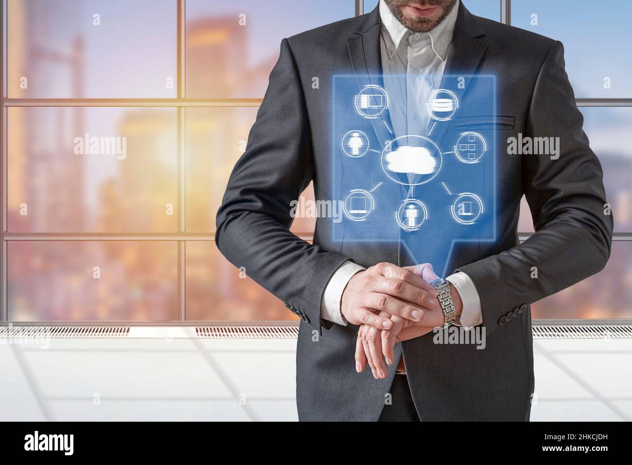 Businessman smartwatch displaying hologram Cloud Computing diagram ...