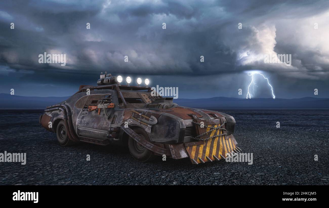 Fantasy zombie apocalypse concept armoured car in a barren desert ...