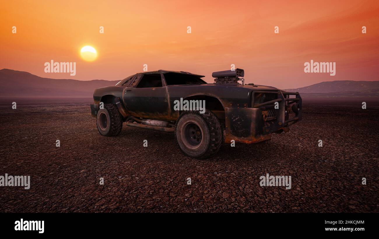 Dirty rusty muscle car in a fantasy future desert wasteland landscape ...