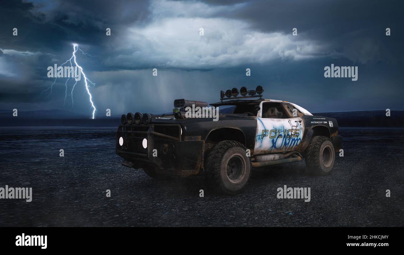 Fantasy post apocalyptic concept police car in a barren desert ...