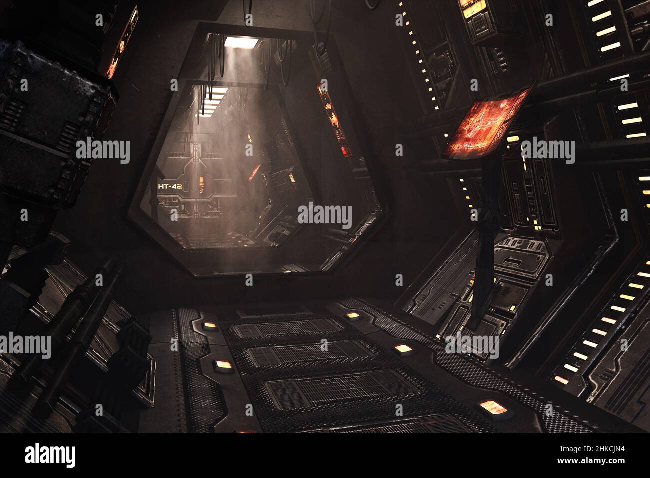 Dark atmospheric corridor in a futuristic space ship or station ...