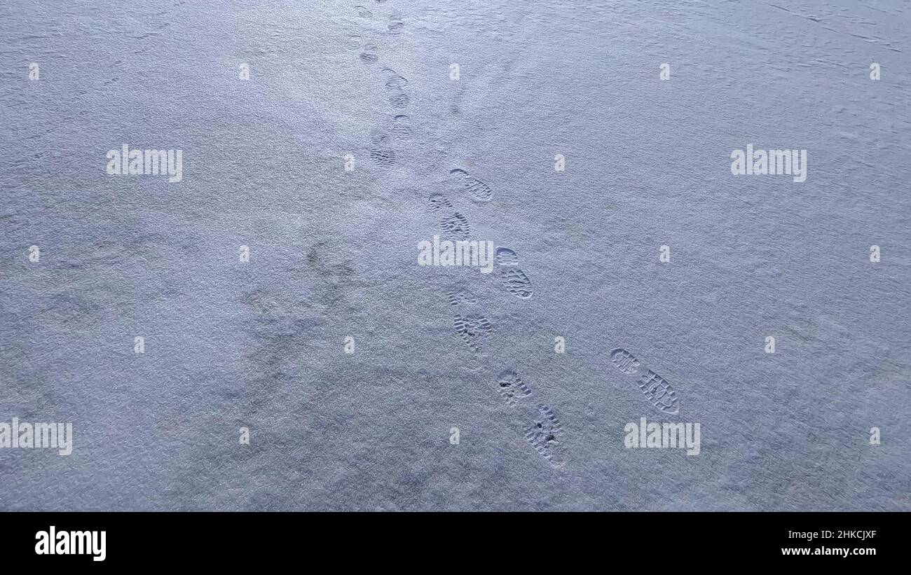 Footprints on flat white snow. Frozen ice is covered with snow on the ...