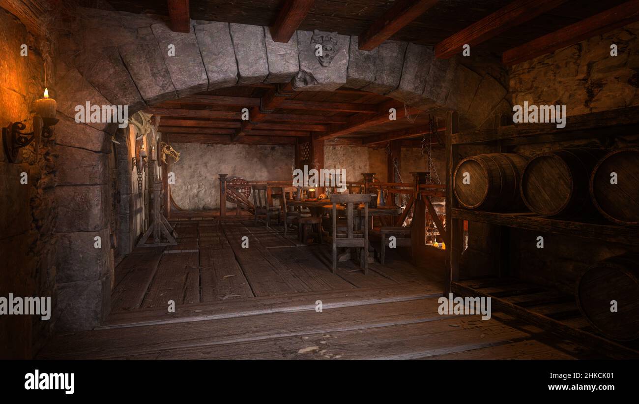 Medieval tavern interior with stone walls, wooden floor, tables with ...
