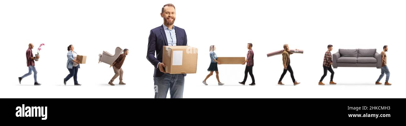 Guy with a box and people moving items in the back isolated on white ...