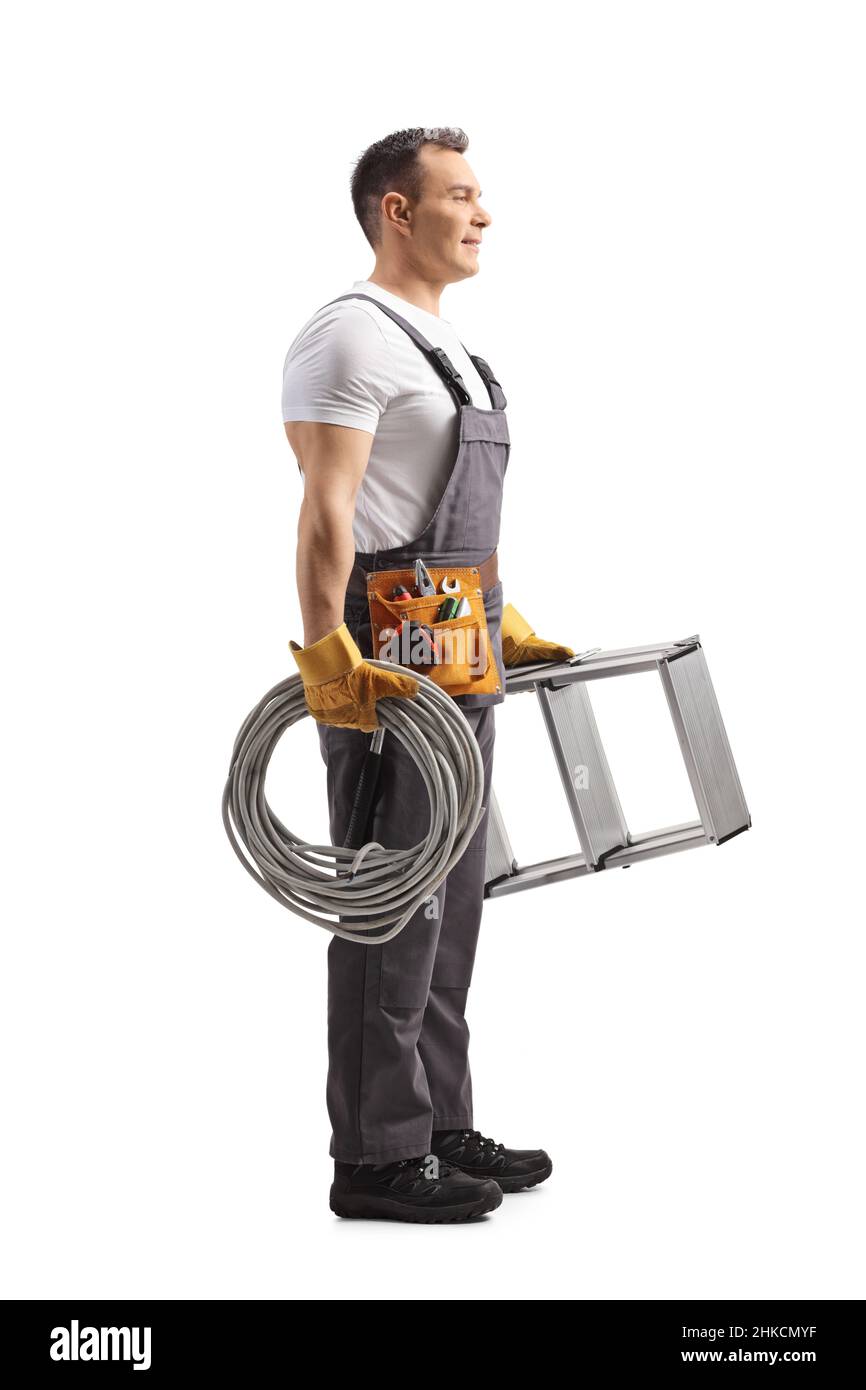 Electrician holding cables and a ladder isolated on white background ...