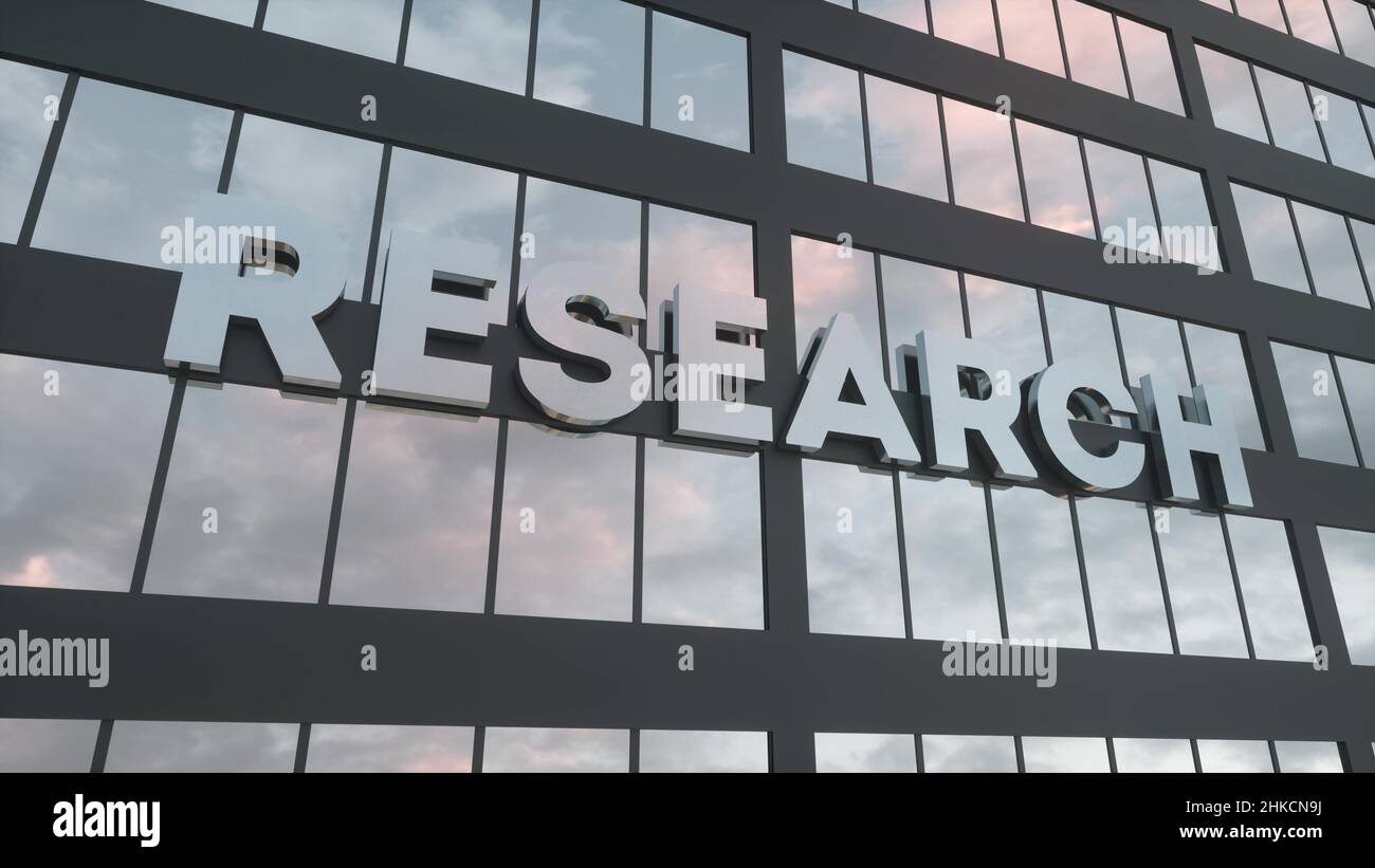 Research sign on a modern glass skyscraper. Research glass building. 3d ...