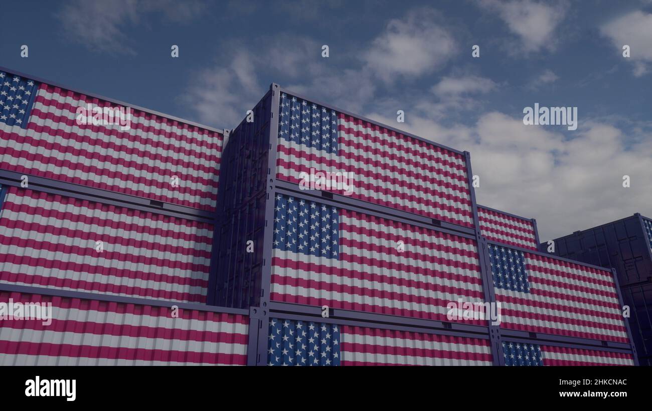 USA flag containers are located at the container terminal. American ...