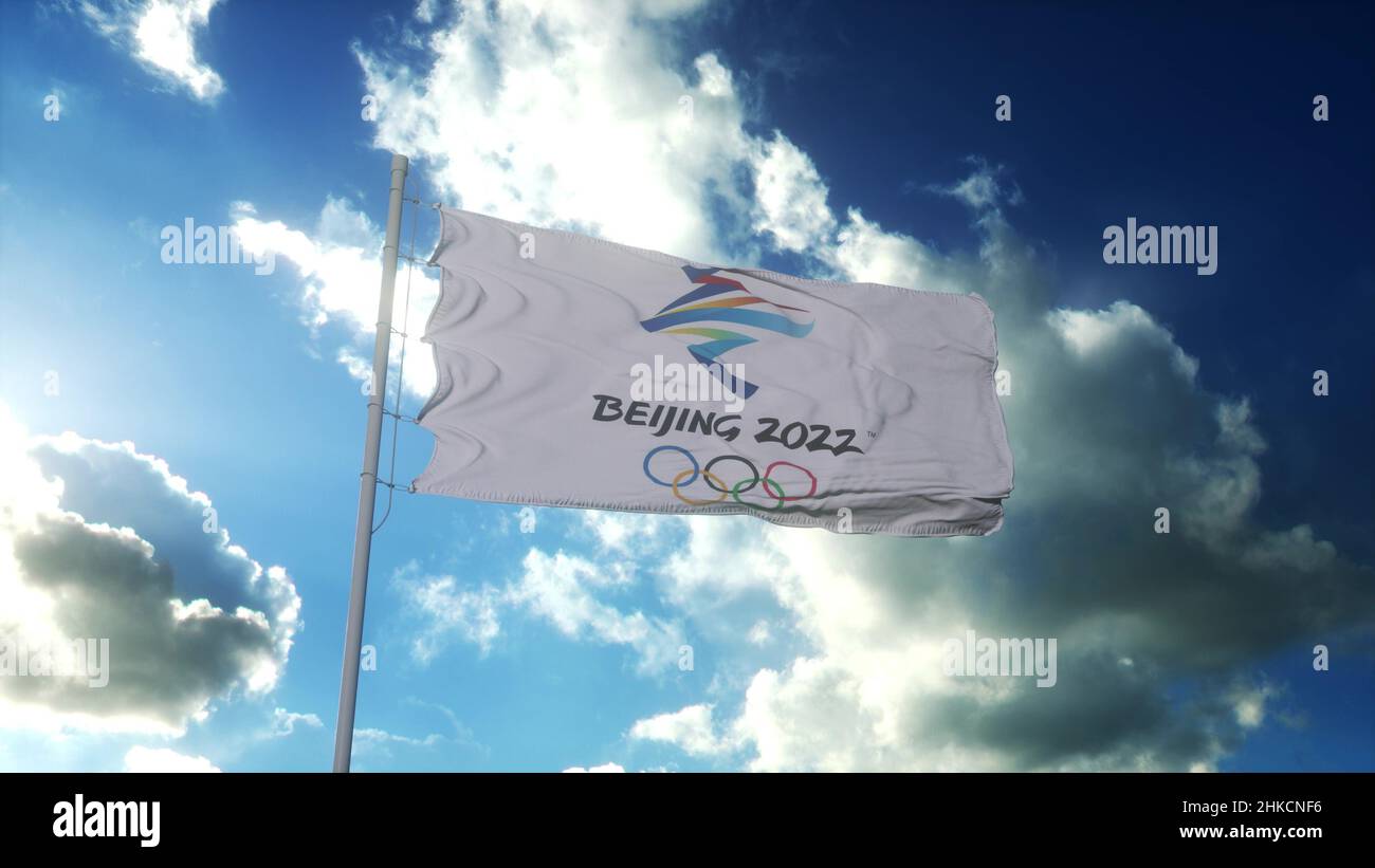 Beijing, China, February 2022: Beijing Winter Olympics 2022 flag waving ...