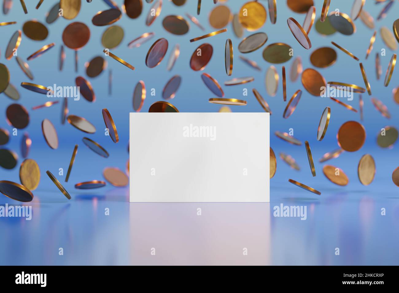 Golden coins falling down with blank paper for text copy space Stock ...