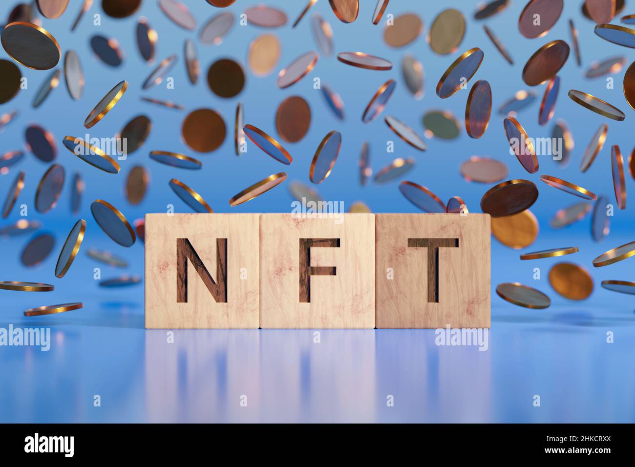 NFT Word in Front of Golden Coins Falling Down Stock Photo - Alamy