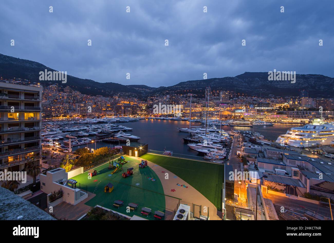 Aerial view of port Hercules in Monaco - Monte-Carlo at dusk, a lot of ...