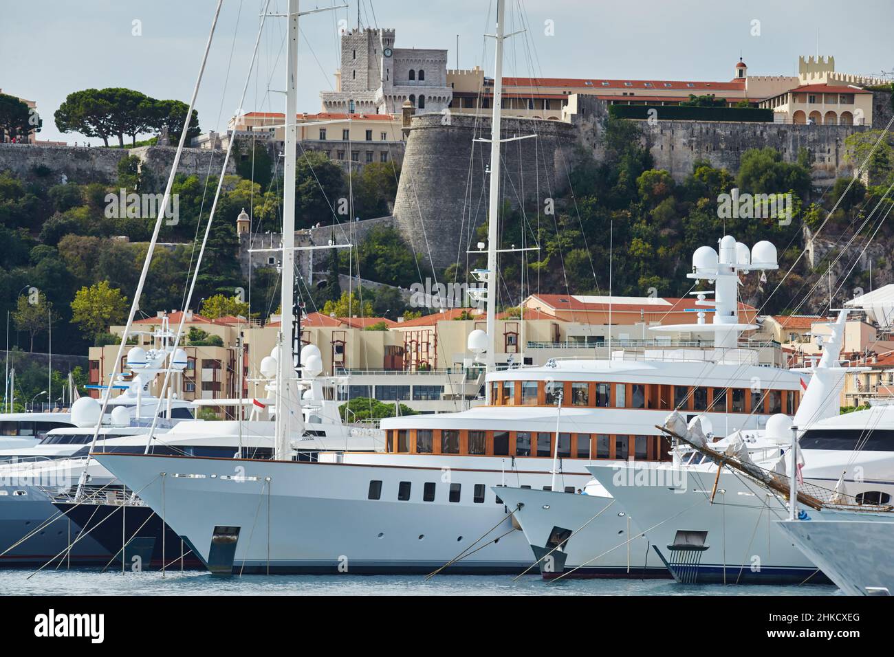 Monaco, Monte-Carlo, a lot of large motor yachts are parked side by ...