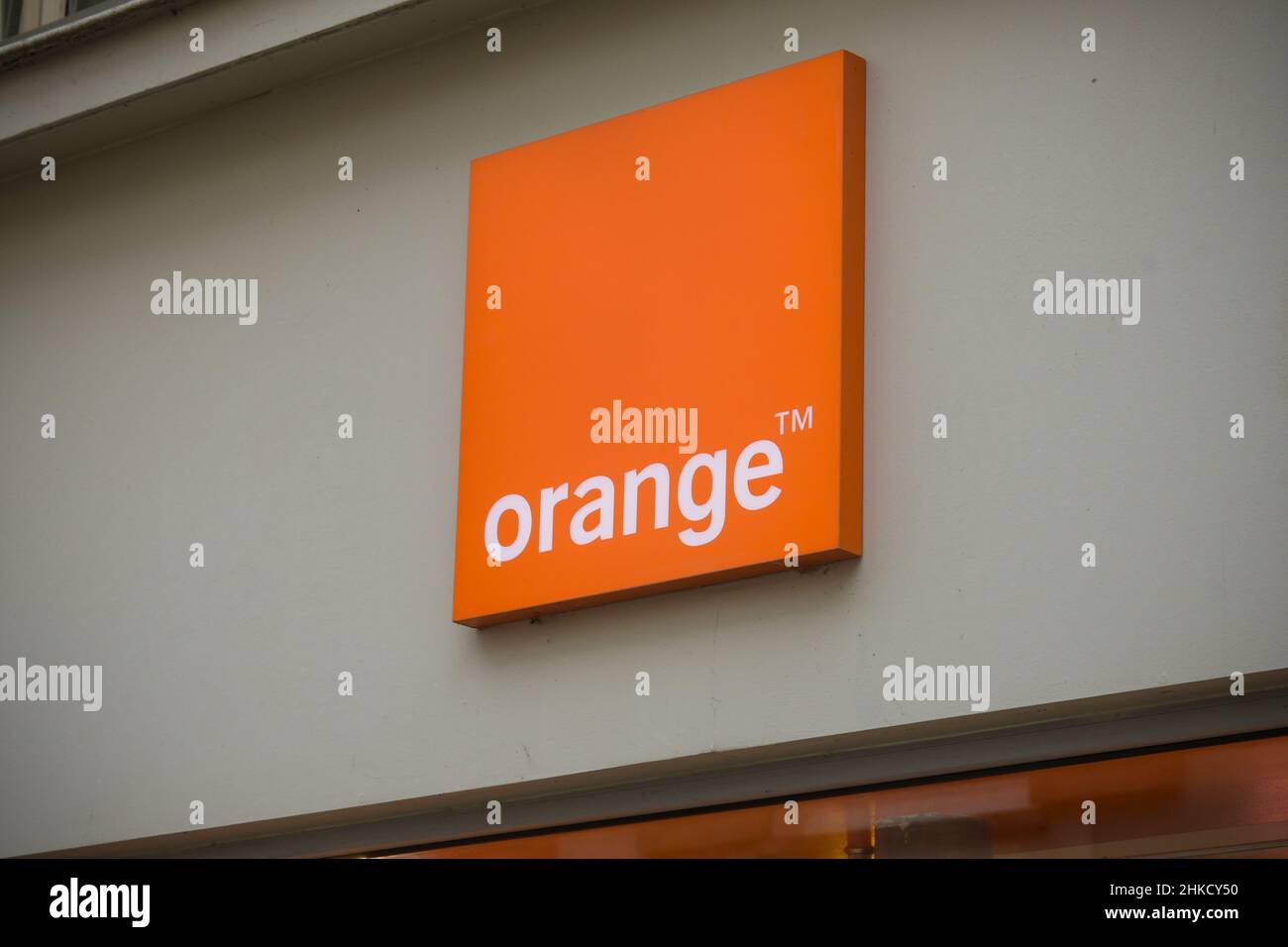 FEBRUARY 2021 - FONTAINEBLEAU - FRANCE: view on the Orange signboard ...