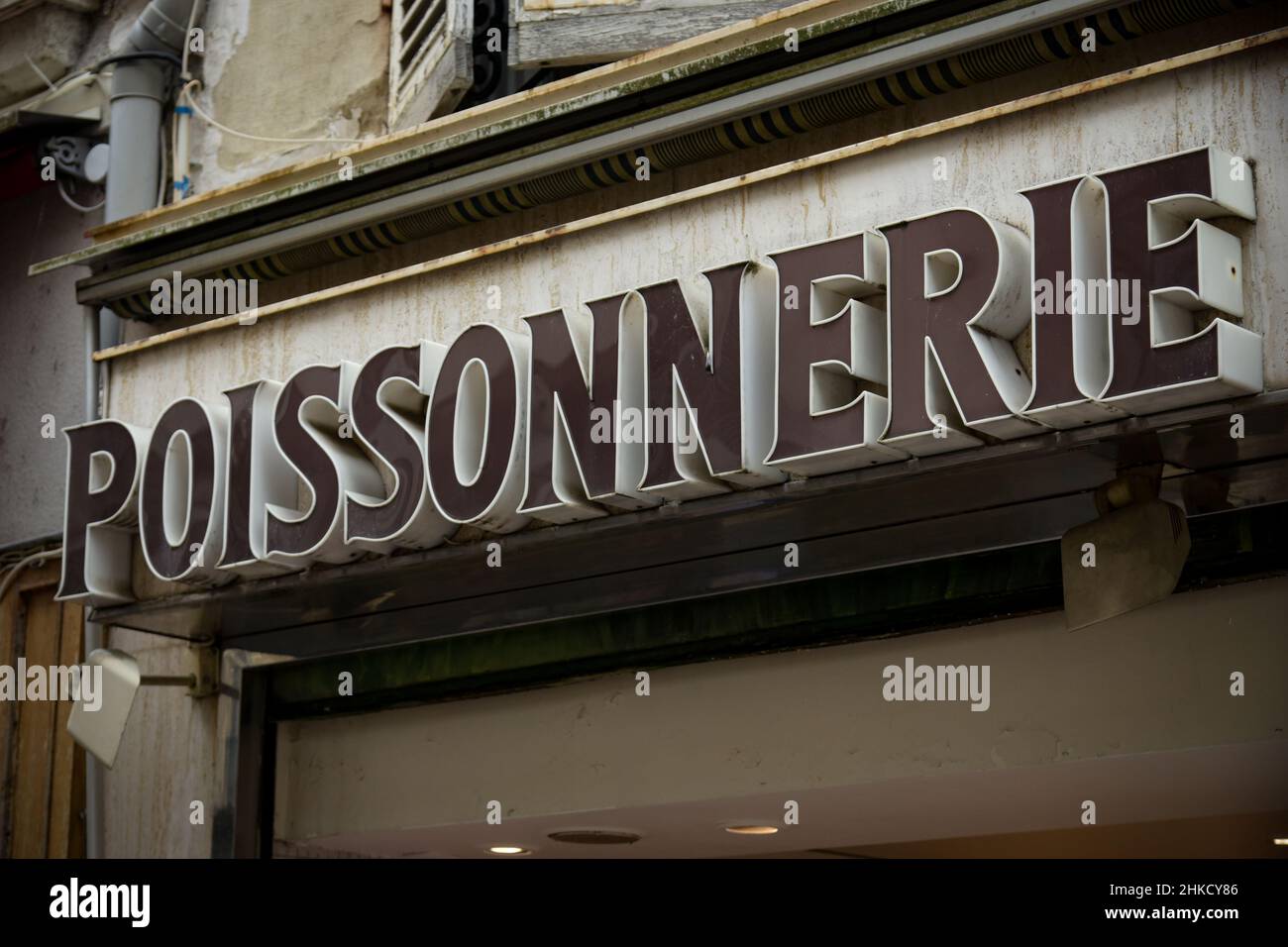 FEBRUARY 2021 - FONTAINEBLEAU - FRANCE: view on a fish shop signboard ...