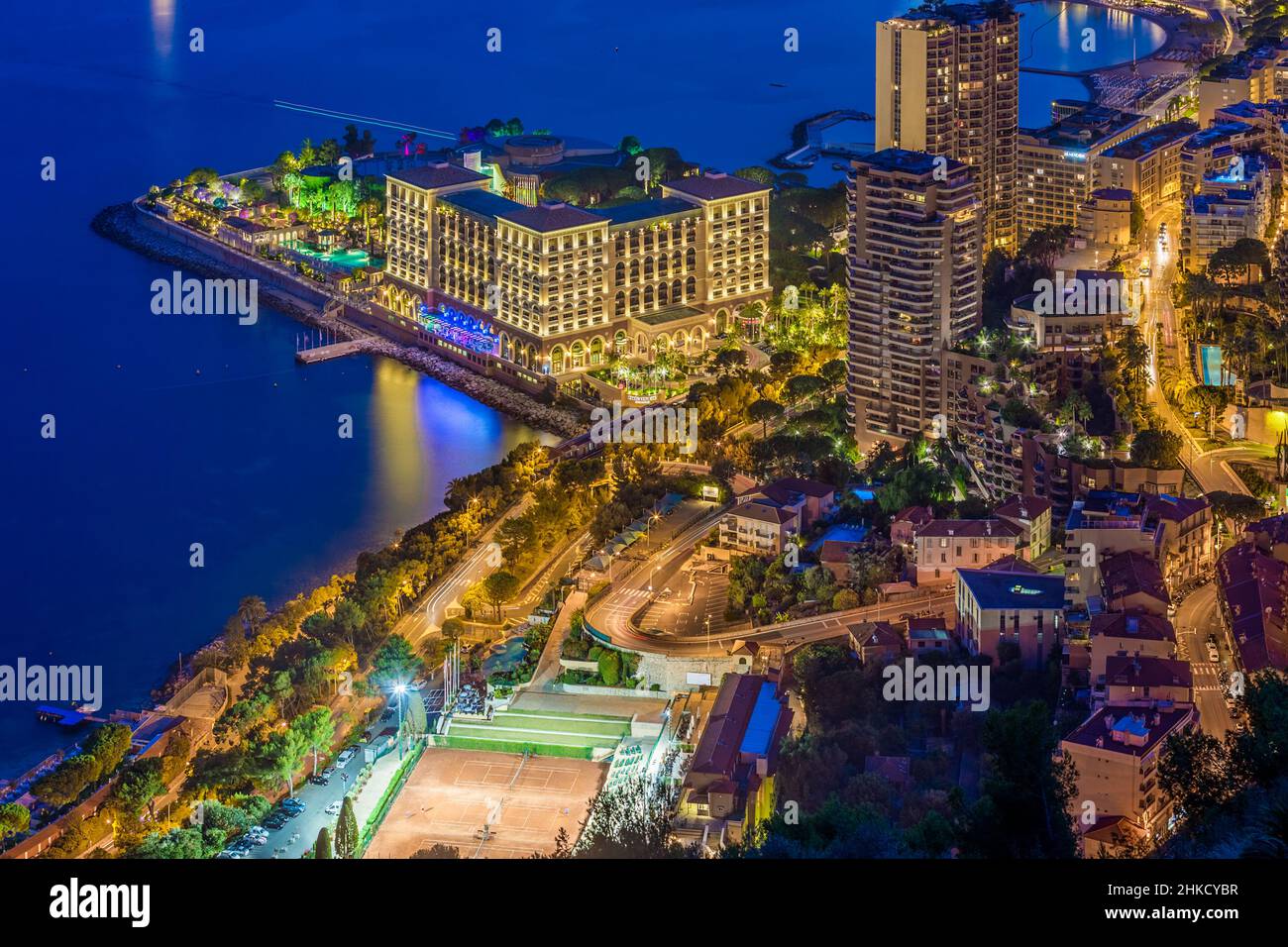 Aerial view of Monaco - Monte-Carlo at dusk, cityscape with night ...