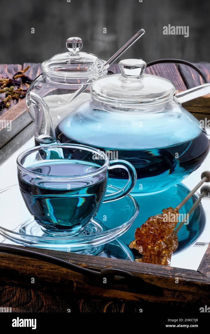 Blue butterfly pea flower tea on blue background Stock Photo - Alamy